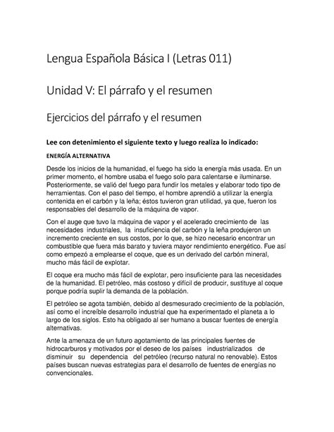 Let 011 Unidad V ejercicios párrafo y el resumen Lengua Española