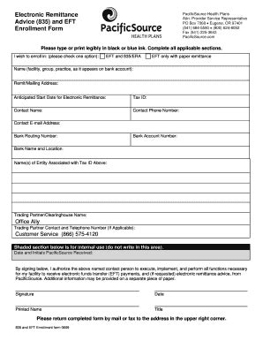 Electronic Remittance Advice 835 And EFT Enrollment Form Fill And
