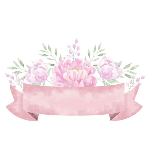 Pink Ribbon With Romantic Light Peony Watercolor Flower Wedding Text