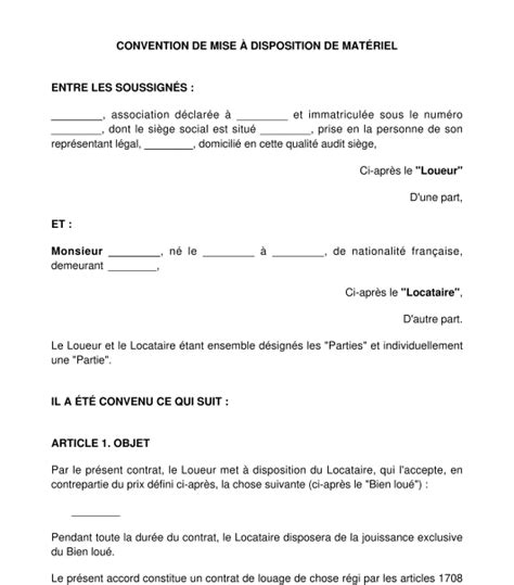 Convention de Mise à Disposition de Matériel Modèle