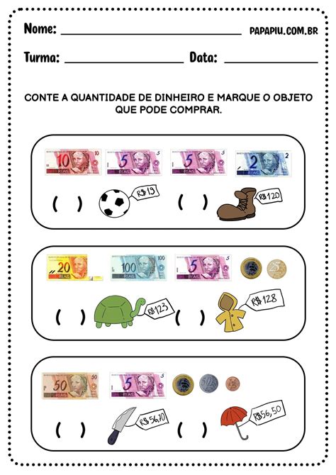 Atividade de matemática 2 ano sistema monetário Papapiu