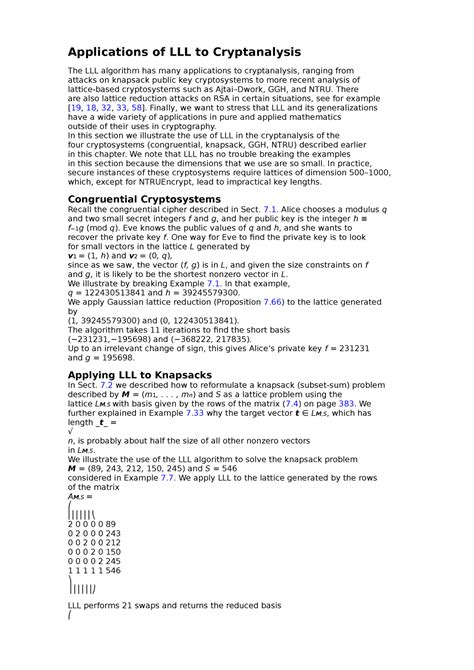 applications of lll to cryptanalysis there are also lattice reduction attacks on rsa in
