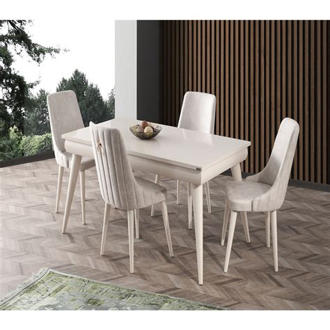 Ortadan Açılır Ahşap Salon Yemek Masası Krem 6 Adet Sandalye Tk