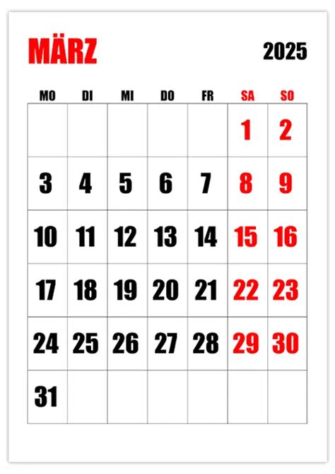 Kalender März 2025 kalender su