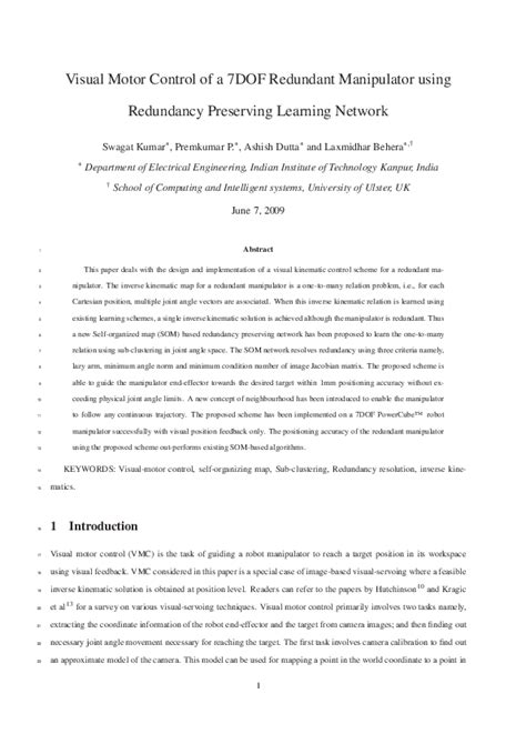 pdf visual motor control of a 7dof redundant manipulator using redundancy preserving learning