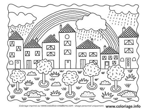 Coloriage Paysage Ville Nature Et Arc En Ciel Dessin Ville à imprimer