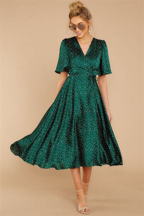 Gorgeous Green Polka Dot Dress Shiny Print Midi Dress Dress 56