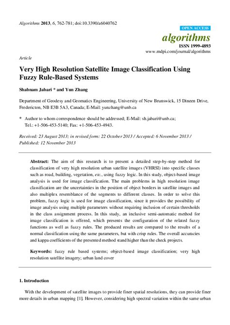 pdf very high resolution satellite image classification using fuzzy rule based systems