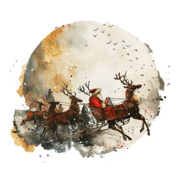 Santa Ride Sleigh Pulled By His Reindeers Flying Over The Night Man