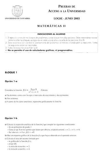 Examen de Matemáticas II de Cantabria selectividad de 2003