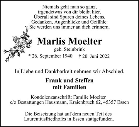 Traueranzeigen Von Marlis Moelter Trauer In NRW De
