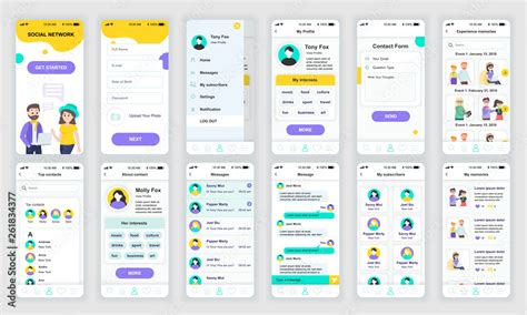 Set Of UI UX GUI Screens Social Network App Flat Design Template For