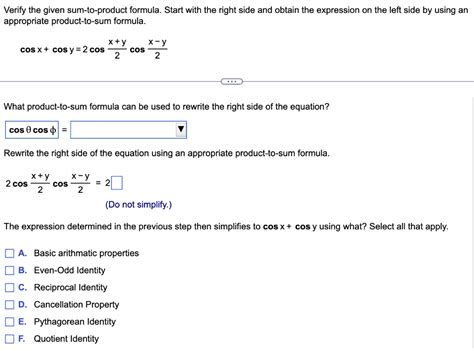 solved verify the given sum to product formula start with