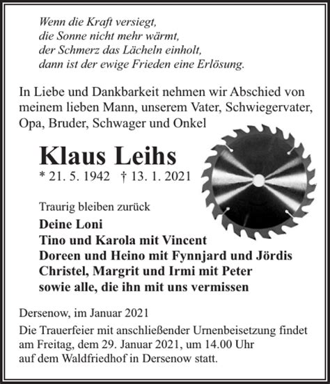 Traueranzeigen Von Klaus Leihs Trauer Nordkurier