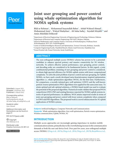 pdf joint user grouping and power control using whale optimization algorithm for noma uplink
