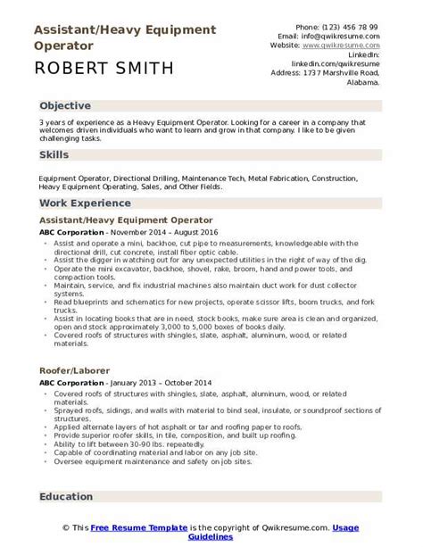 Heavy Equipment Resume Sample