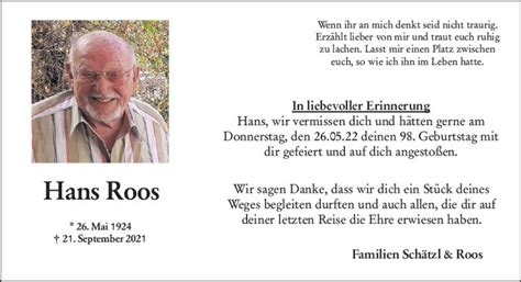 Traueranzeigen Von Hans Roos Vrm Trauer De