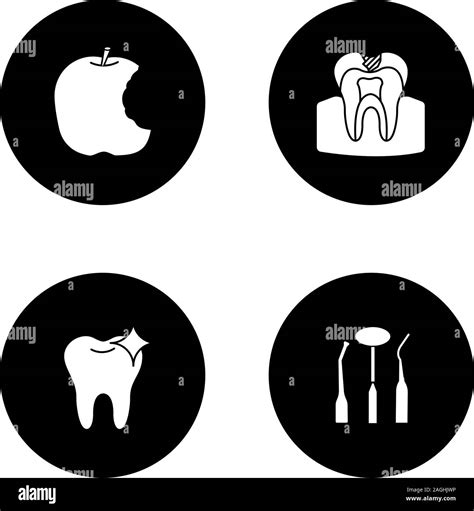 Dentistry Glyph Icons Set Stomatology Bitten Apple Caries Shining