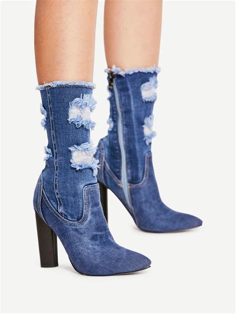 Distressed Top Denim Ankle Boots