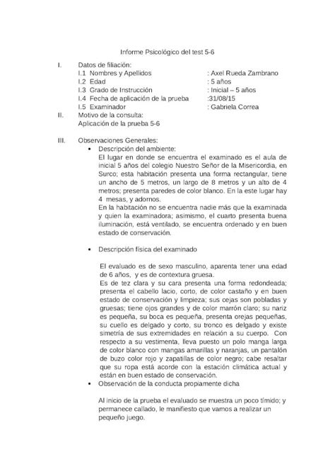DOCX Informe Psicológico Del Test 5 6 DOKUMEN TIPS
