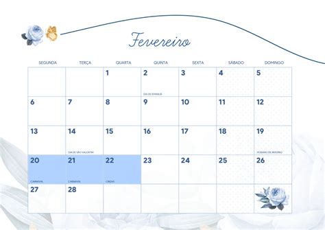 Calendario Rosas Azuis Fevereiro Fazendo A Nossa Festa