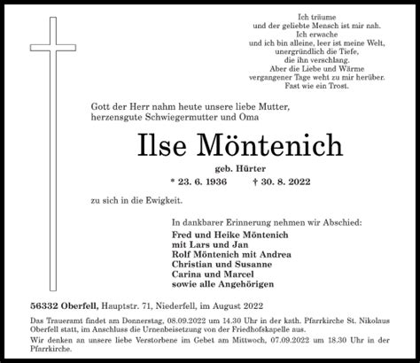 Traueranzeigen Von Ilse M Ntenich Rz Trauer De