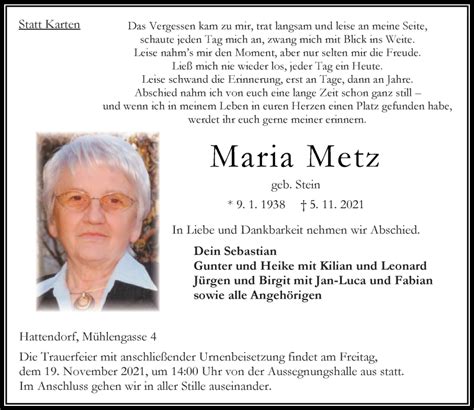 Traueranzeigen Von Maria Metz Vrm Trauer De