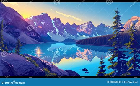 Vector Illustration Moraine Lake In Summer Canada During Sunrise
