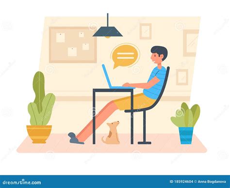 O Homem Trabalha Em Um Laptop Em Casa Vetor Freelance Desenho Animado