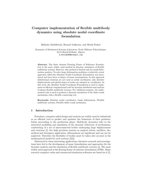 pdf computer implementation of flexible multibody dynamics using absolute nodal coordinate