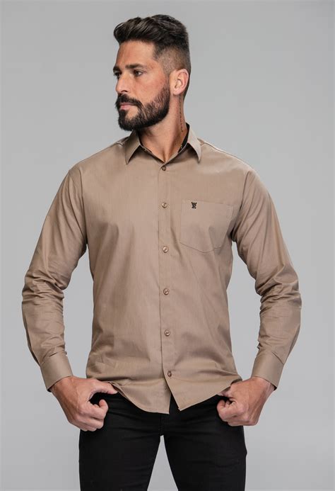 CAMISA MASCULINA SOCIAL TRADICIONAL MANGA LONGA CAQUI PREMIUM