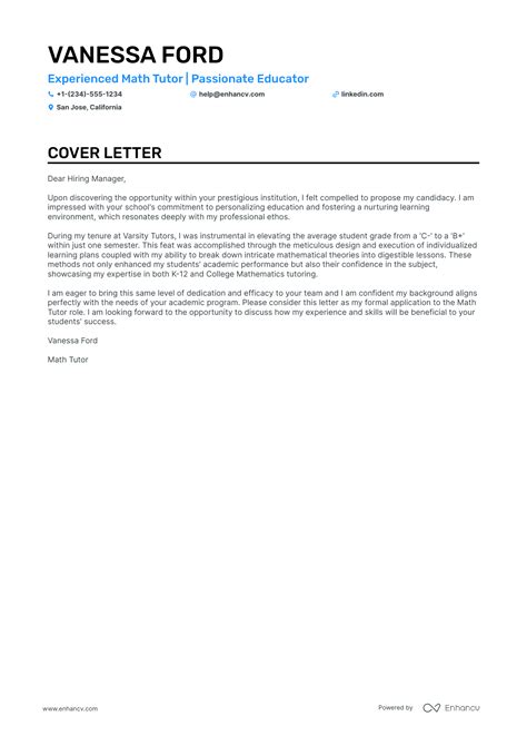 Professional Math Tutor Cover Letter Examples And Template For 2025