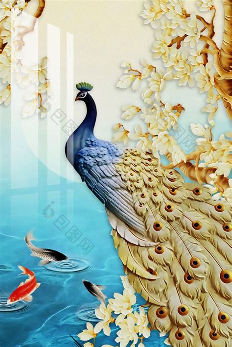 新中式3d立体浮雕蓝孔雀花瓶玄关装饰画 新中式3d立体浮雕蓝孔雀花瓶玄关装饰画效果图 包图网