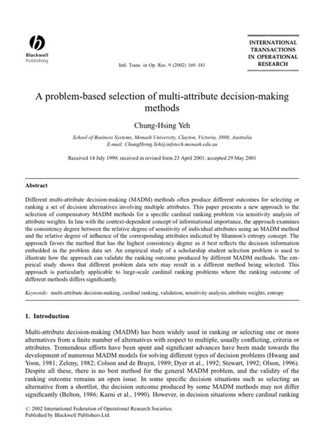 a problem based selection of multi attribute decision making methods pdf sensitivity