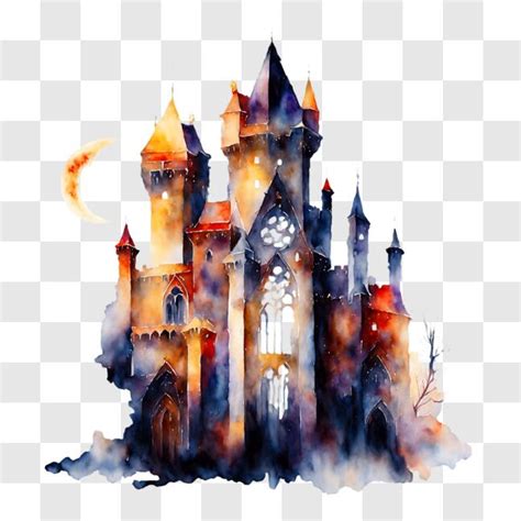 Baixe Pintura Em Aquarela De Castelo Elaborado Lua E Estrelas PNG