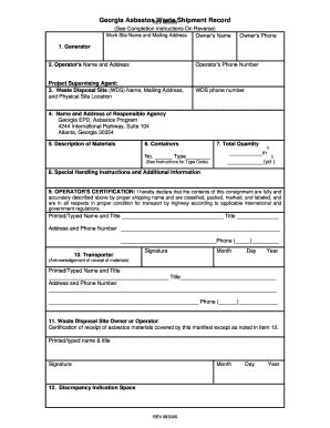 Fillable Online Georgia Asbestos Waste Shipment Record Revised Aug 2005