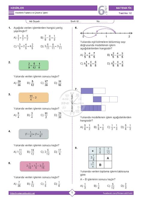 6 Sinif Matematik 2019 2020 Kesirlerde Toplama Ve Cikarma Islemi Konu