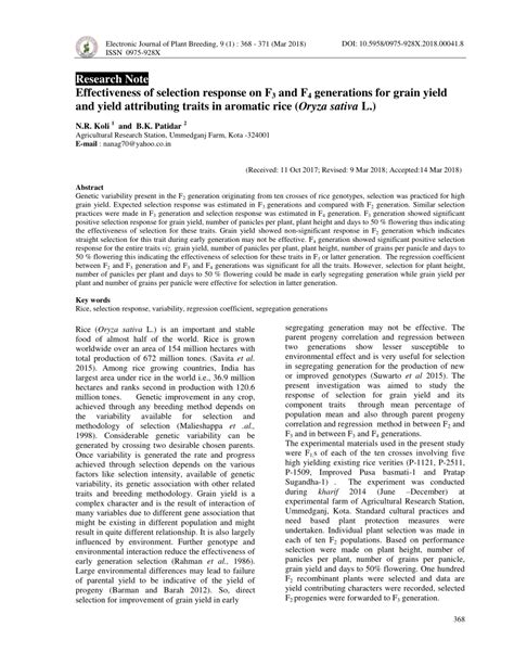 pdf effectiveness of selection response on f3 and f4 generations for grain yield and yield