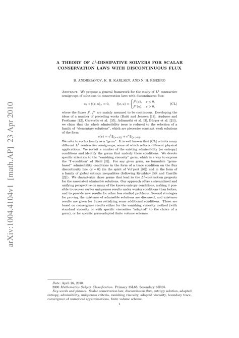 pdf a theory of l 1 dissipative solvers for scalar conservation laws with discontinuous flux