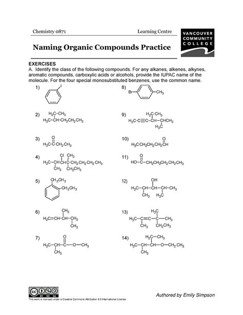 Chem Naming Organic Compounds Practice Authored By Emily Simpson