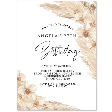 Boho Pampas Birthday Invitations