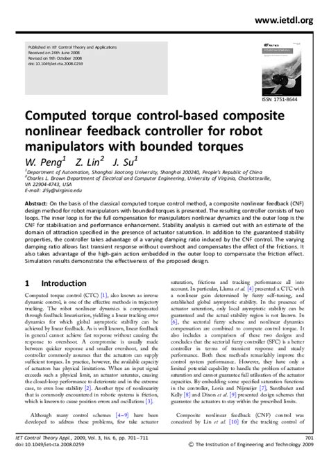 pdf computed torque control based composite nonlinear feedback controller for robot