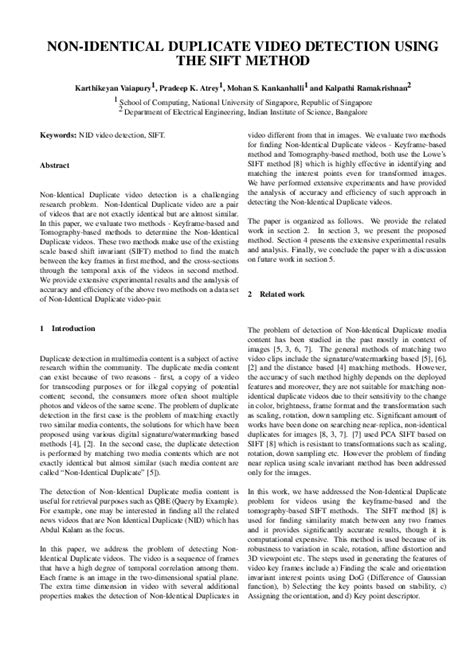 pdf non identical duplicate video detection using the sift method mohan kankanhalli