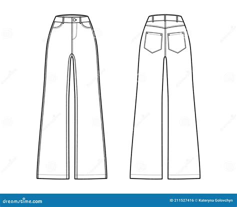 Jeans Wide Leg Denim Pants Technical Fashion Illustration With Full