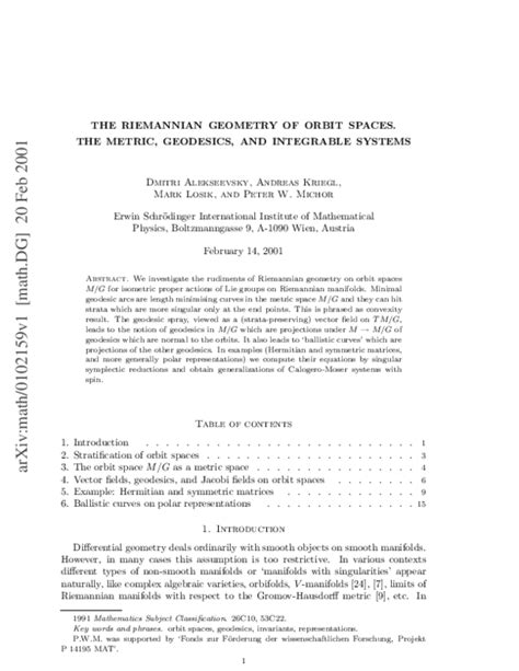 pdf the riemannian geometry of orbit spaces the metric geodesics and integrable systems