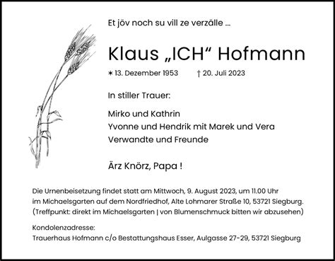 Traueranzeigen Von Klaus Hofmann WirTrauern