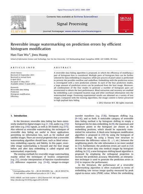 pdf reversible image watermarking on prediction errors by efficient histogram modification