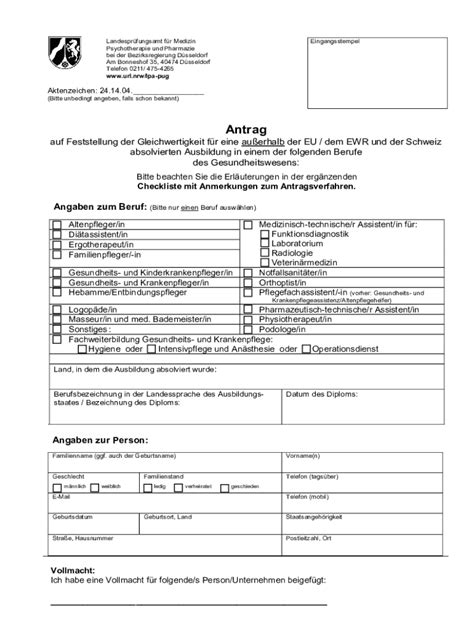 Fillable Online Antrag Auf Feststellung Der Gleichwertigkeit Fr Eine