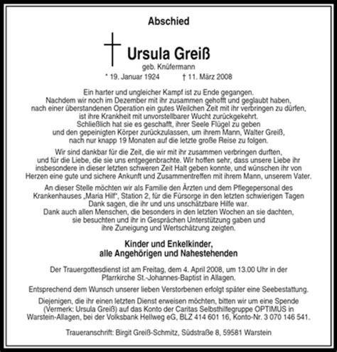 Traueranzeigen von Ursula Greiß Trauer in NRW de