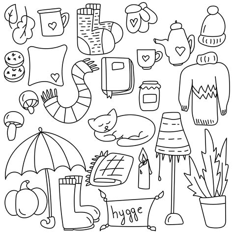 Set Of Cozy Doodles In Hygge Style Home Warm Clothes And Interior